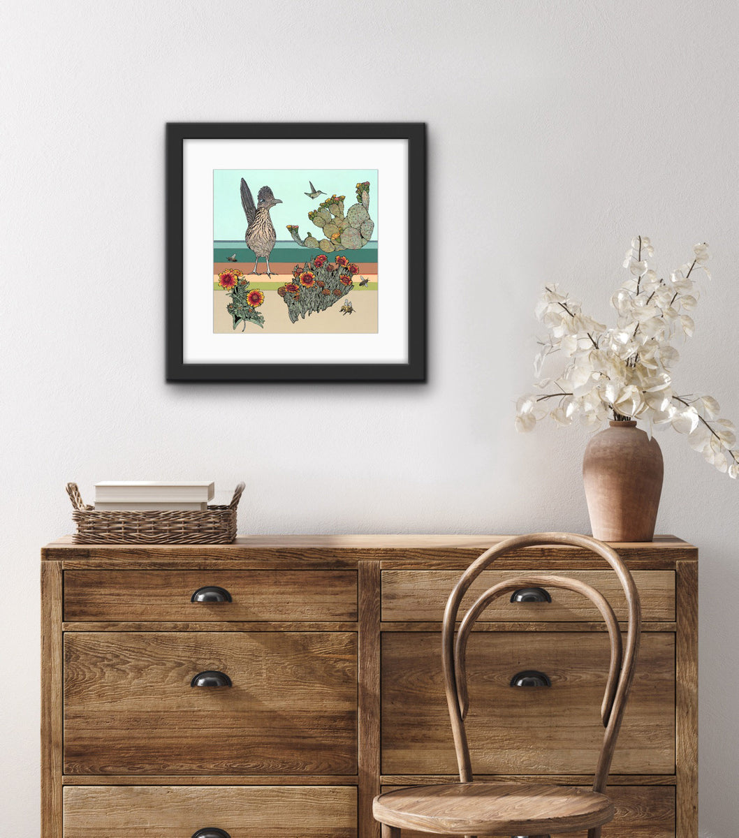 Roadrunner with Cactus : Reproduction : 16 x 16 – mary and lou ann